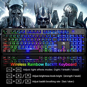 Wireless Gaming Keyboard Mouse and Wrist Rest Combo Rainbow Backlight Silent Mechanical Feel Keyboard with 7 Color Breathing Mute Mice Memory Foam Cushion Hand Rest for Computer PC Gamer
