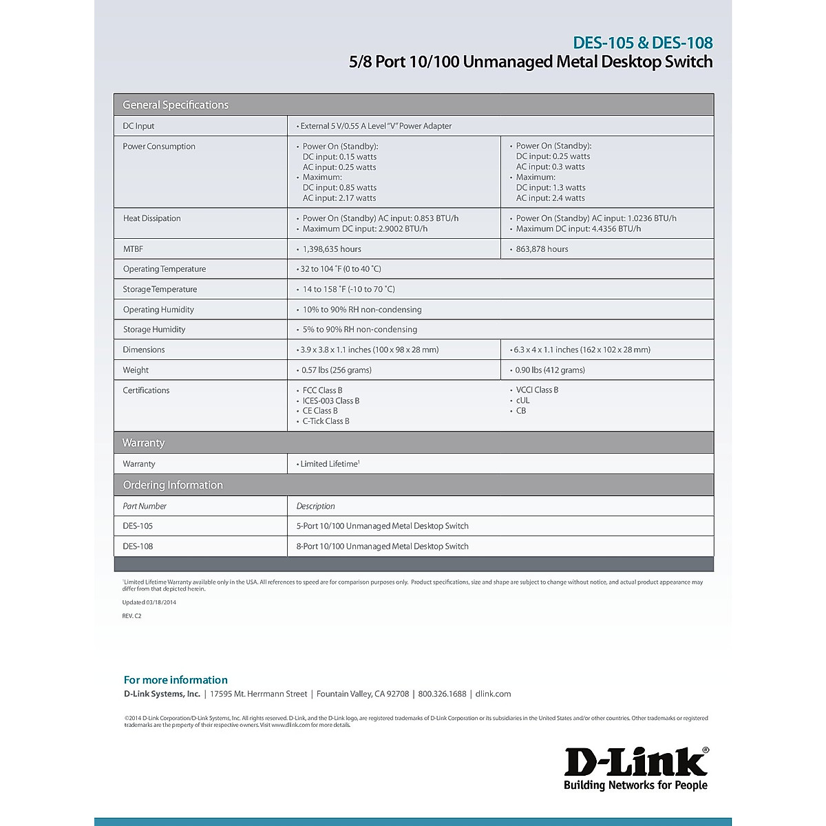 D-Link Fast Ethernet Switch, 8 Port Unmanaged Metal Fanless Desktop Network Internet (DES-108), Black