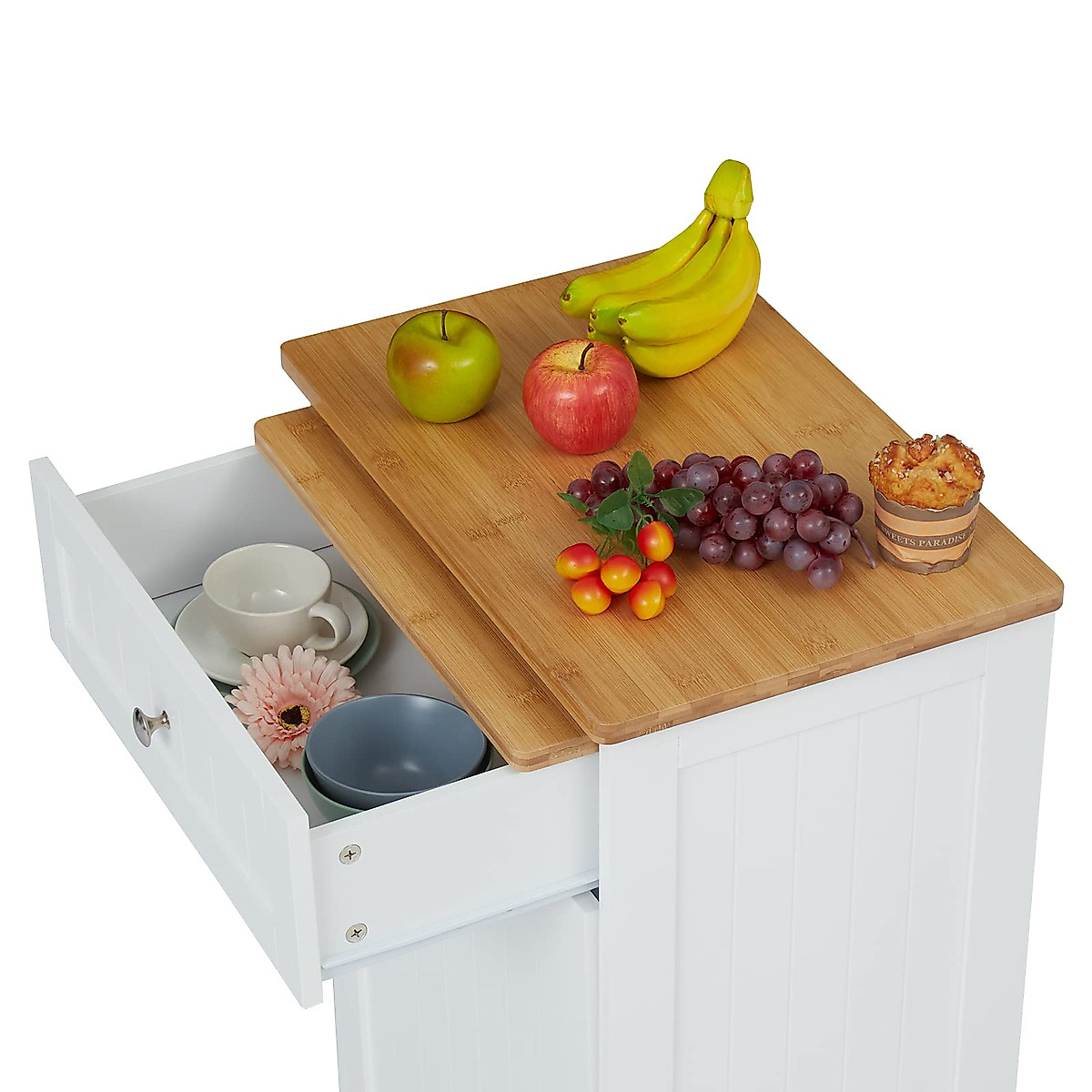 KINBOR BABY Recycling Tilt Out Trash Cabinet - Trash Bin Cabinet for Kitchen with Drawer and Removable Bamboo Cutting Board, White