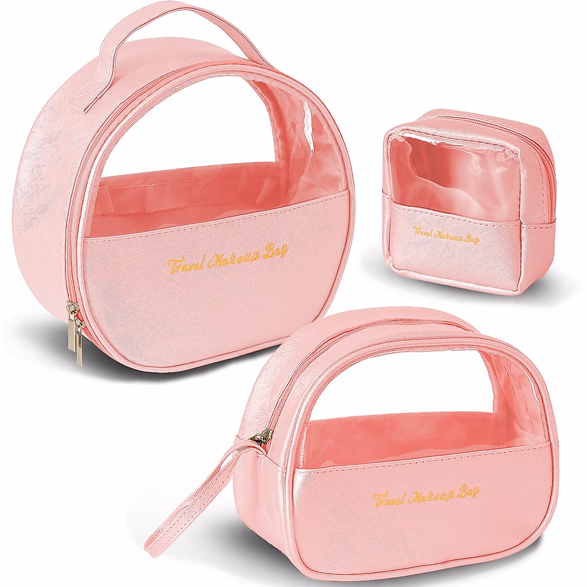 ZIOSINM Makeup Bag set, 3 Pieces Travel Make up Bag with Large Capacity, Clear & Waterproof Cosmetic Bags, Wash Bags Toiletry Bags for Travel (pink)