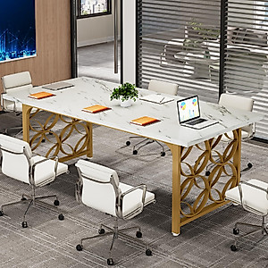 Tribesigns Conference Table for 4-6 People, 62.99" L x 31.49" W Rectangular Meeting Room Table, Seminar Table Boardroom Desk with Sturdy Metal Frame for Office (White/Gold)