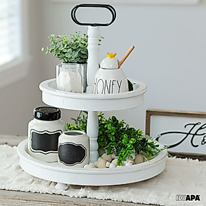 Ilyapa Decorative Farmhouse Tiered Serving Tray Stand - 2 Tier Rustic Wooden Serving Stand with Handle - White, 16 x 14.5 x 14.5