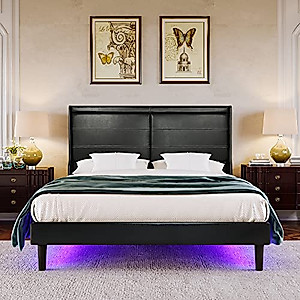 Upholstered LED Bed Frame Queen with Wing-Backed Headboard, PU Leather Queen Size Platform Bed Frame with LED Lights, Strong Wood Slats Support, No Box Spring Needed, Easy Assembly, Antique Black