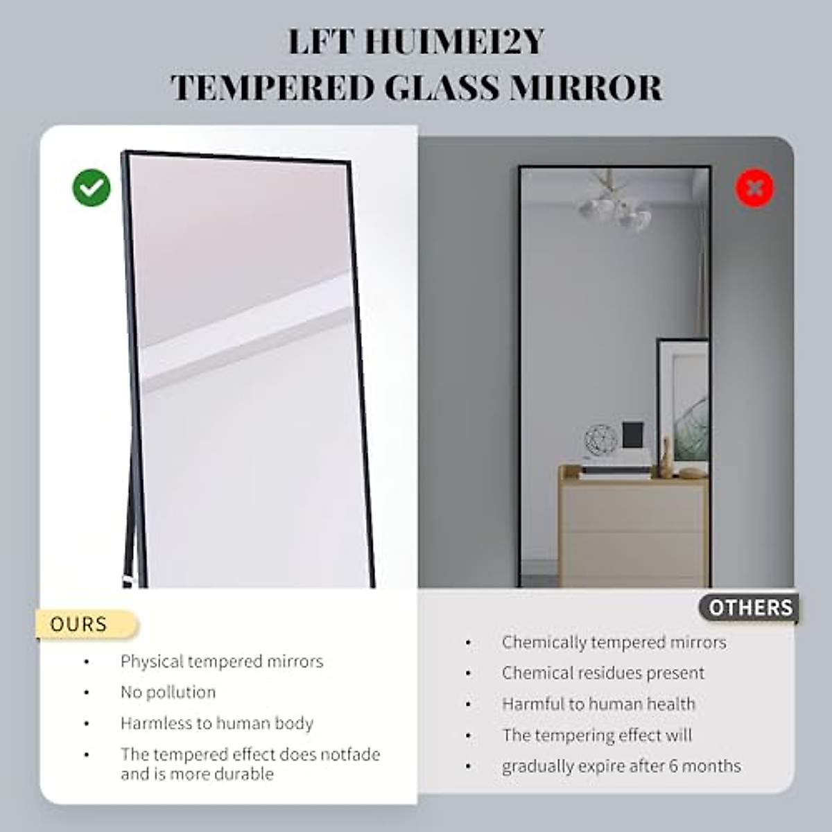 LFT HUIMEI2Y Full Length Mirror 71"x32", Standing Hanging or Leaning Against Floor Tempered Mirrors, Wall-Mounted Full Body Dressing Mirror with Aluminum Alloy Frame for Living Room, Bedroom, Black