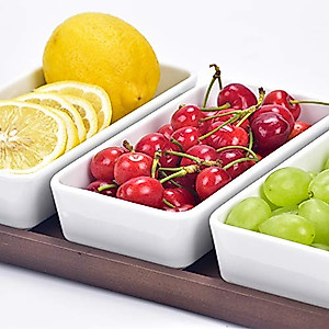 Creamic Snack Serving Tray 3 Pieces Long Strip Ceramic Bowls and A Brown Trays, Movable Moisture-Proof Food Bowls, Can Dress up Snacks, Fruits, Condiments, Bread, Barbecue, appetizers