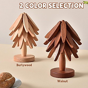 Wooden Trivets for Hot Dishes,Tree Shape Trivet Set,4 Wooden Trivets+1 Stand,Trivets for Hot Dishes,Natural Foldable Kitchen Wooden Trivet,for Hot Dishes、Pot、Bowl、Teapot、Hot Pot Holders(Black Walnut)