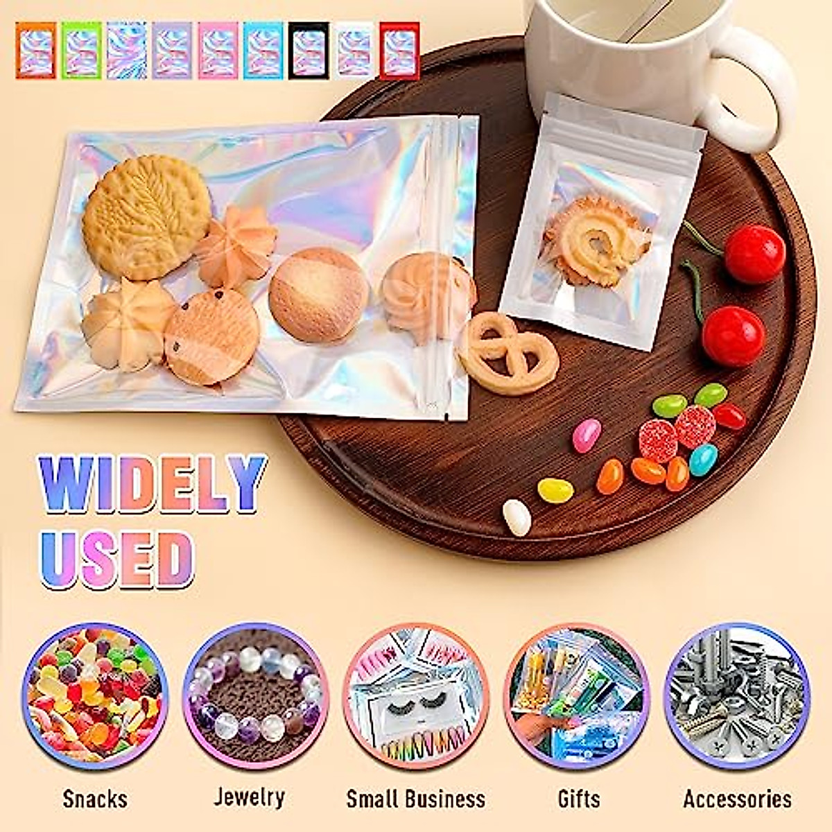 FITIMOR Smell Proof Bag, 100 PCS Mylar Bags, Holographic Bags with Sealing Strip, Resealable Bags for Small Business, Candy, Gift, Packaging Bags for Earring, Nails, Lash, Jewelry (2.4x3.9 Inch)