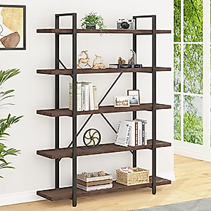 IBF 5 Tier Solid Wood Bookshelf, Industrial Natural Real Wood Metal Tall Bookcase, Modern Rustic Large Open Book Shelf Storage, Farmhouse Wide Etagere Bookcase for Office Living Bedroom, Rustic Gray