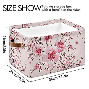 Cherry Blossom Basket Large Foldable Storage Bin Pink Flowers Canvas Toys Box Fabric Decorative Collapsible Organizer Bag with Handles for Bedroom Home