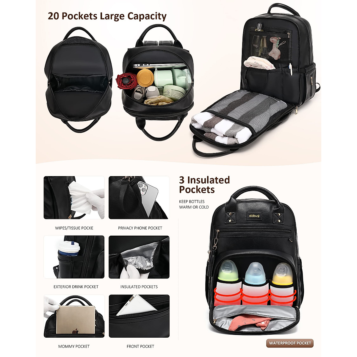 Leather Baby Diaper Bag Backpack with Portable Travel Changing Pad Girl Boy, Large Dad Black Diaper Bags Pacifier Case Stroller Straps, Baby Registry Search Shower Gifts Stuff Newborn Must Haves