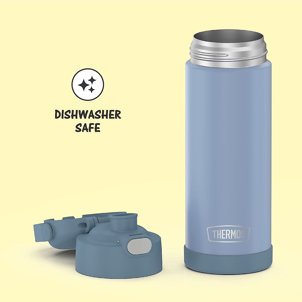 THERMOS FUNTAINER 16 Ounce Stainless Steel Vacuum Insulated Bottle with Wide Spout Lid, Denim Blue