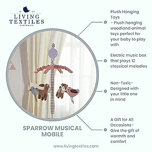 Lolli Living Baby Crib Musical Mobile w/Sparrow & Deers - Knitted Woodland Bird Safari Animal Characters | Hanging Decor w/Electronic Music Box for Newborn & Nursery Bedding/Crib | Baby Girl