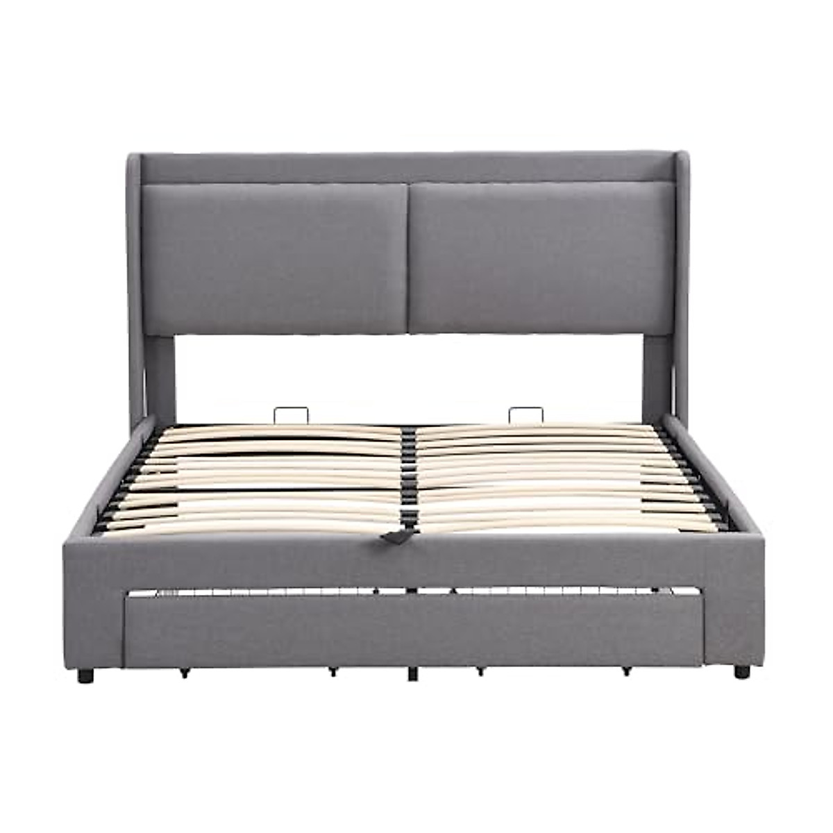 BOVZA Queen Size Lift Upholstered Platform 2 Drawers, Modern Wingback Headboard, Hydraulic Storage Bed Frame, Linen Gray