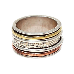 NOVICA Artisan handmade sterling silver spinner ring crafted india no stone meditation floral [Band width 10 mm W] ' exciting garden'