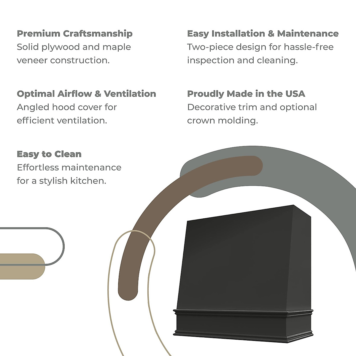 Riley & Higgs Angled Front Black Range Hood Cover With Decorative Molding - Wall Mounted Wood Range Hood Covers, Plywood and Maple | (31.5 W x 36 H inches)