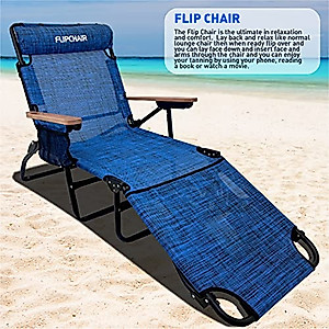 EasyGo Product FLIP Patio Chaise Lounger Chair for Tanning with Face & Arm Holes 4 Legs Support Textilene Material 6 Position Reclining Head Rest Pillow Beach or Home Use-PATENTS Pending, Blue
