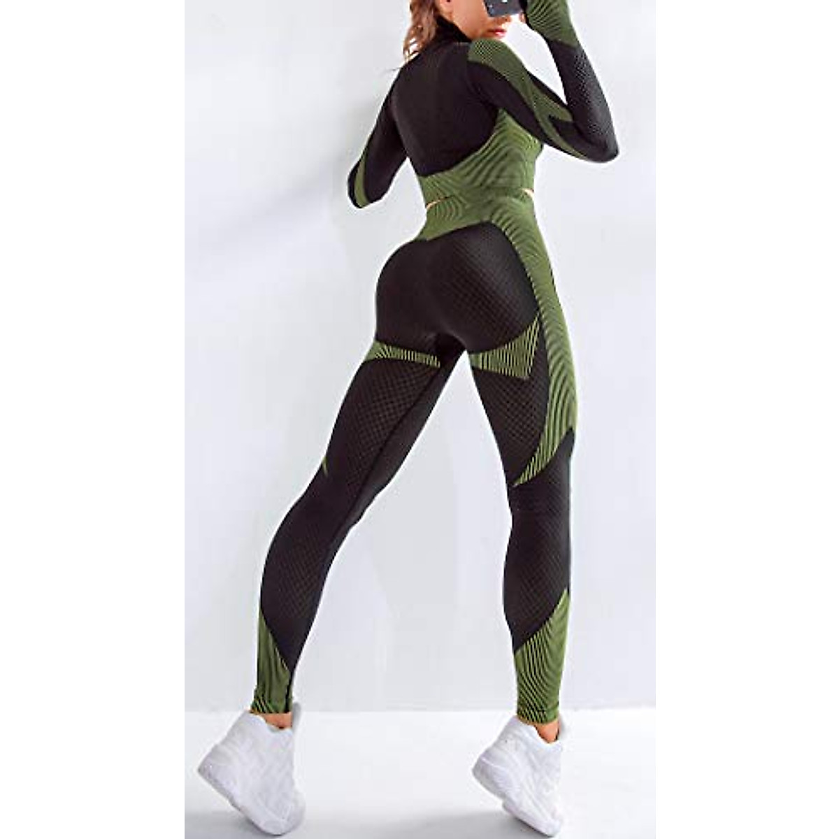 OLCHEE Women's 2 Piece Tracksuit Workout Set - Leggings and Crop Top Green XL