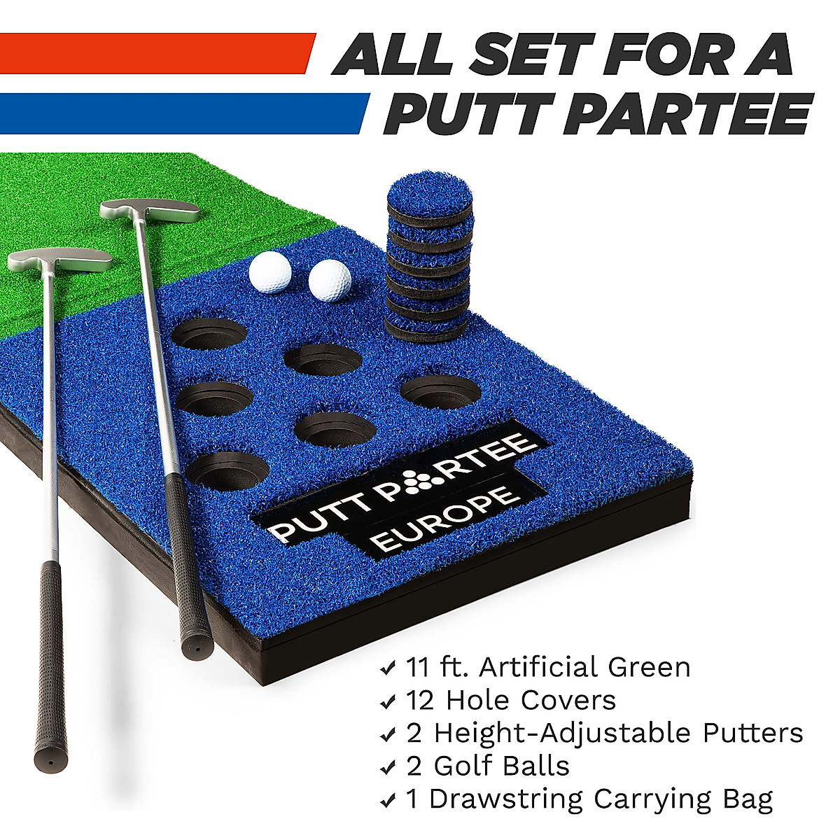 Putt Partee Golf Pong Putting Game, Portable Indoor-Outdoor Golf Game Set with Realistic Putting Green, 2 Real Golf Balls, 2 Golf Putters & Travel Bag, Fun Tailgate Games and Yard Games