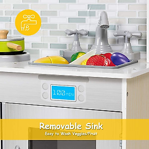 Fireflowery Kids Kitchen Playset, Wooden Cookware Set with Removable Sink, Microwave, Pegs on The Wall, Top Display Shelf, Play Kitchen for Toddlers 3+ (White)