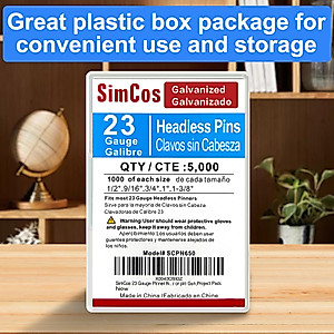 SimCos 23 Gauge Pinner Nails (1/2",9/16",3/4",1",1-3/8") 5000 pcs Assorted 5 Sizes' Headless Pin Nails for 23 GA Pneumatic or Electric Pinner or pin Gun,Project Pack
