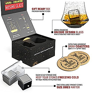SPIRIT LUX Aroma Enhance Bourbon Glasses Gift- Set for Men included extra Large Whiskey Stones, Whiskey Glass Gift Set for brother and sister in laws. Scotch glass crystal stainless steel ice cube