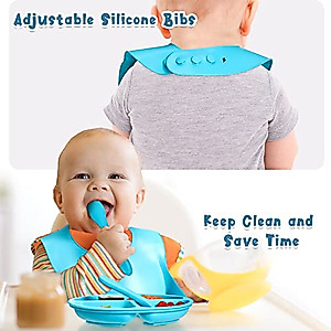 Zopeal 24 Pcs Baby Silicone Feeding Set Baby Led Weaning Set Baby Suction Plates with Spoon Fork Adjustable Silicone Bibs Baby Plates and Utensils Set for Boys Girls, 6 Colors