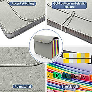 Sooez 24 Pockets Accordion File Organizer, Letter Size, Durable Leather Expanding File Folder, Paper Bill Tax Receipt Organizer, Large Capacity Document Holder with Blank Labels, Light Gray