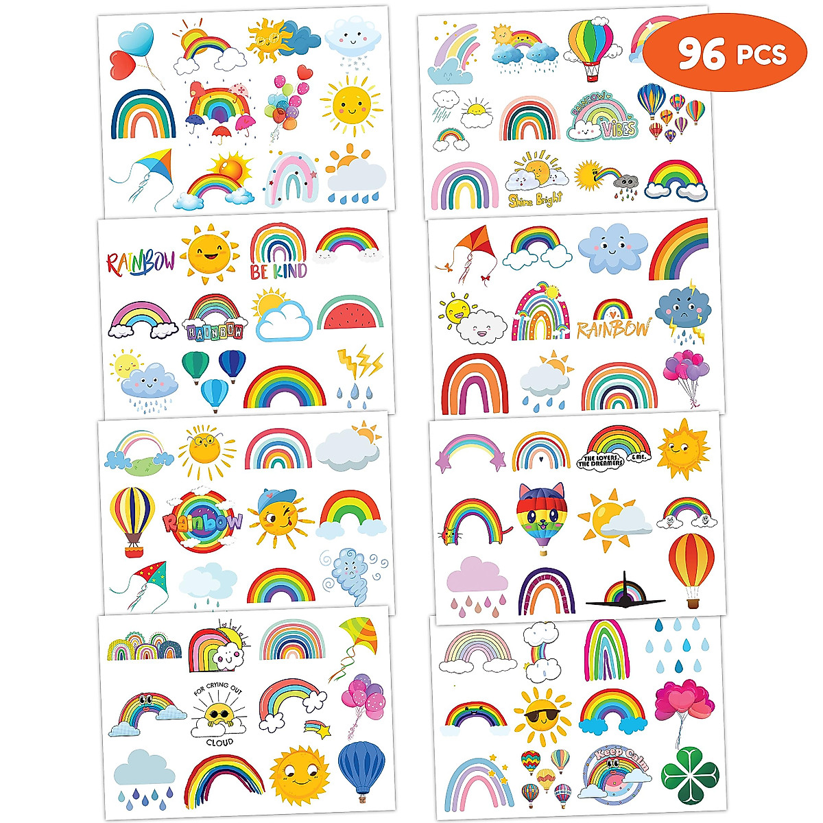 8 Sheets (96PCS) Rainbow Temporary Tattoos Theme Birthday Party Decorations Supplies Party Favors Decor Tattoo Stickers For Kids Girls Boys Gifts Classroom School Prizes Rewards