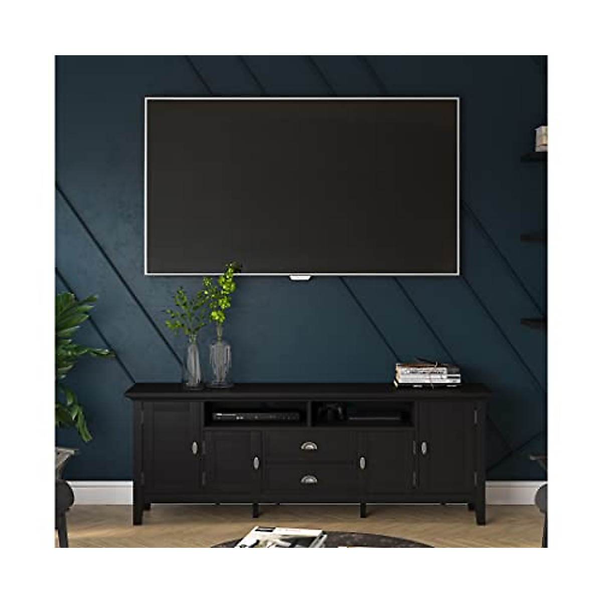SIMPLIHOME Redmond SOLID WOOD Universal TV Media Stand, 72 inch Wide , Farmhouse Rustic, Living Room Entertainment Center, Storage Shelves and Cabinets, for Flat Screen TVs up to 80 inches in Black