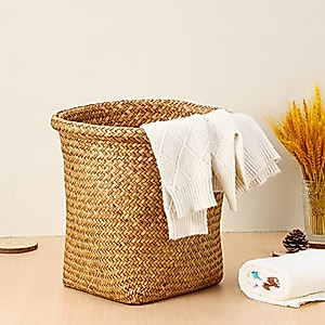 Operitacx Waste Basket Basket Woven Waste Rattan Trash Laundry Hamper Trash Can Garbage Container Bin Storage for Plant Pot Clothes Sundries 10.4X11.4 inch Laundry Wicker Seagrass Baskets