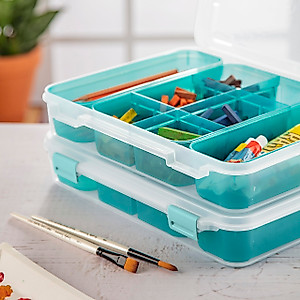 Sterilite Divided Case, Stackable Plastic Small Storage Container with Latch Lid, Organize Crafts, Small Hardware Items, Clear with Blue Trays, 6-Pack