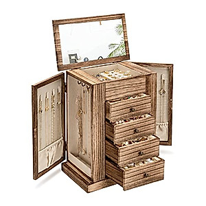 Emfogo Jewelry Box for Women, 5 Layer Large Wood Boxes & Organizers for Necklaces Earrings Rings Bracelets, Rustic Organizer with Drawers and Mirror(Carbonized Black)