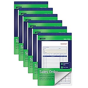Large Sales Order Books, 6 Pack, 2-Part Carbonless (White/Canary Yellow), 5-7/16 x 8-7/16 inches, by Better Office Products, 50 Sets per Book, 300 Total Sets, 6 Books