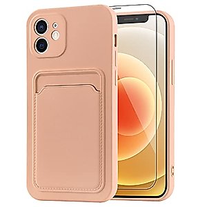 MZELQ Wallet Case for iPhone 12 (6.1 inch), Card Holder Camera Protection Cover for iPhone 12 + Screen Protector, Soft Slim Card Slot Case Compatible with iPhone 12 Phone Case -Pink