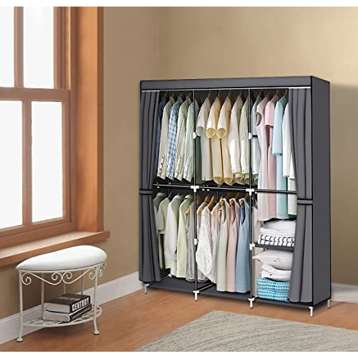 YOUUD Portable Closet 50 Inch Wardrobe Closet for Hanging Clothes with Non-Woven Fabric Cover and Hanging Rods, Quick and Easy Assembly, Grey