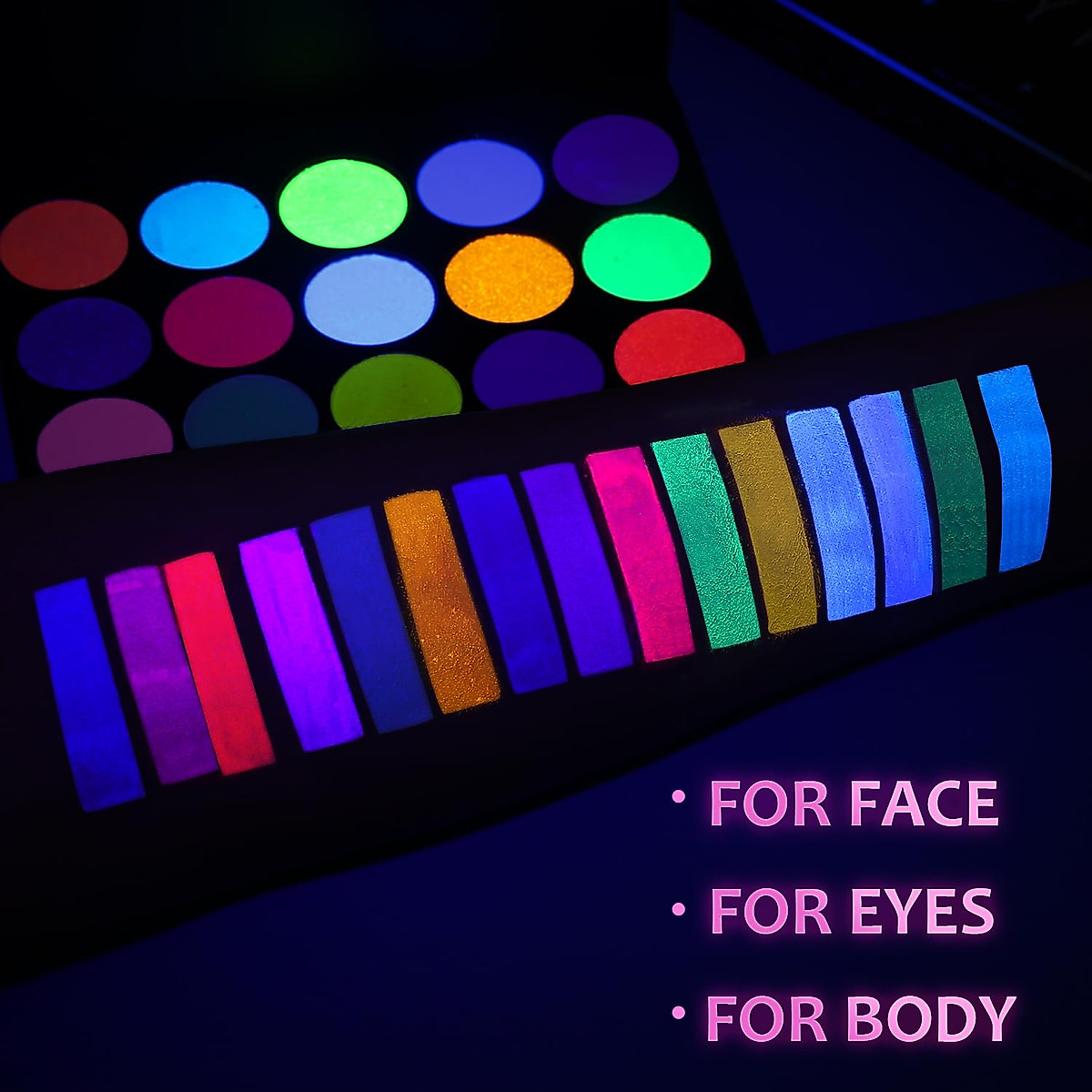 BADCOLOR Glow UV Face Paint, 15 Colors Neon Eyeshadow Palette, Water-Based UV Blacklight Face Body Paint for Kids - UV Eyeliner Makeup Palette for Halloween Glow Party Club Music Festivals