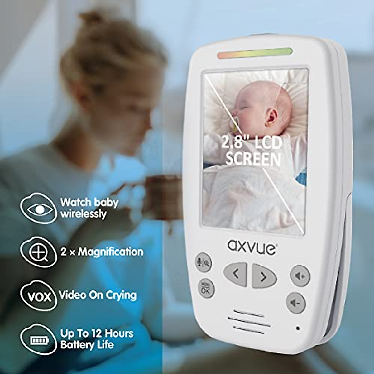 Axvue Video Baby Monitor, Slim Handheld, Non-Slip Design, 2.8" Vertical Screen Monitor & 2 Camera, Range up to 1000ft, 12 Hour Battery Life, 2-Way Talk, Night Vision, Temperature Monitor, No WiFi.
