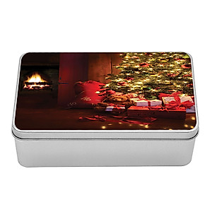 Ambesonne Christmas Metal Box, Xmas Scene Celebrations with Tree and Gifts by The Fireplace Design Image, Multi-Purpose Rectangular Tin Box Container with Lid, 7.2" X 4.7" X 2.2", Red Yellow