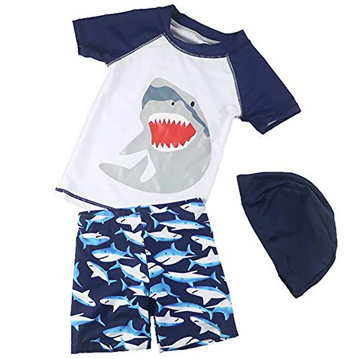 Baby Boys Two Piece Swimsuits Rash Guard Short Sleeve Shark Bathing Suit Swimwear Sets with Hat UPF 50+ for Kids (White Shark, 6-7 Years)