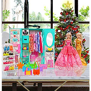Ebuddy Fashion Lot 105 Items 11.5 Inch Girl Doll Dream Closet Wardrobe with Clothes and Accessories Including Wardrobe Shoes Rack Dress Shoes Hangers Necklace and Other Accessories(No Doll)