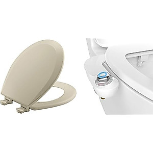 Church 540 Toilet Seat and Bidet Bundle, Easy Clean Wood Toilet Seat with Non-Electric, Easy to Install SlimGlow Bidet Attachment, Round, Bone