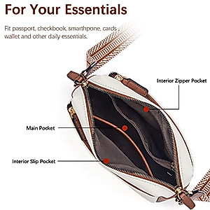 BOSTANTEN Small Crossbody Purse for Women Triple Zip Cell Phone Leather Shoulder Handbag with Wide Guitar Strap Beige with Brown