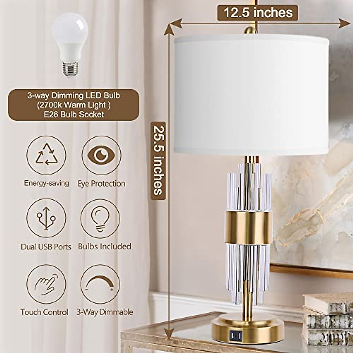 QiMH Gold Table Lamp for Living Room, Bedside Lamps for Bedrooms with Touch Control USB Ports, Modern Nightstand Lamp White Shade Home Lighting Decor (2700K LED Bulb Included)
