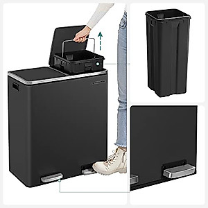 SONGMICS Dual Trash Can, 16 Gal (60L) Rubbish Bin and 15 Trash Bags, Metal Step Bin, with Dual Compartments, Plastic Inner Buckets and Hinged Lids, Airtight, Black ULTB60BK