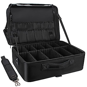 Relavel Extra Large Makeup Case Travel Makeup Train Case Professional Makeup Artist Bag Portable Nail Organizer Box Art Supply Case with Adjustable Dividers/Attach to Trolley/Shoulder Strap (Black)