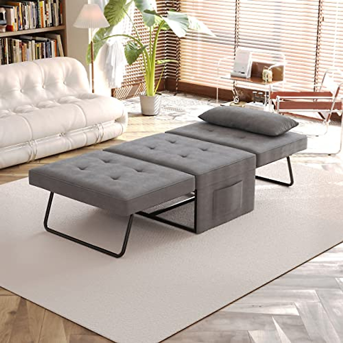Iroomy Sofa Bed Sleeper Chair with Pillow, Convertible 4 in 1 Multi-Function Adjustable Recline Linen Guest and Folding Multifunctional Ottoman Foldable Bed for Small Spaces (Dark Grey)