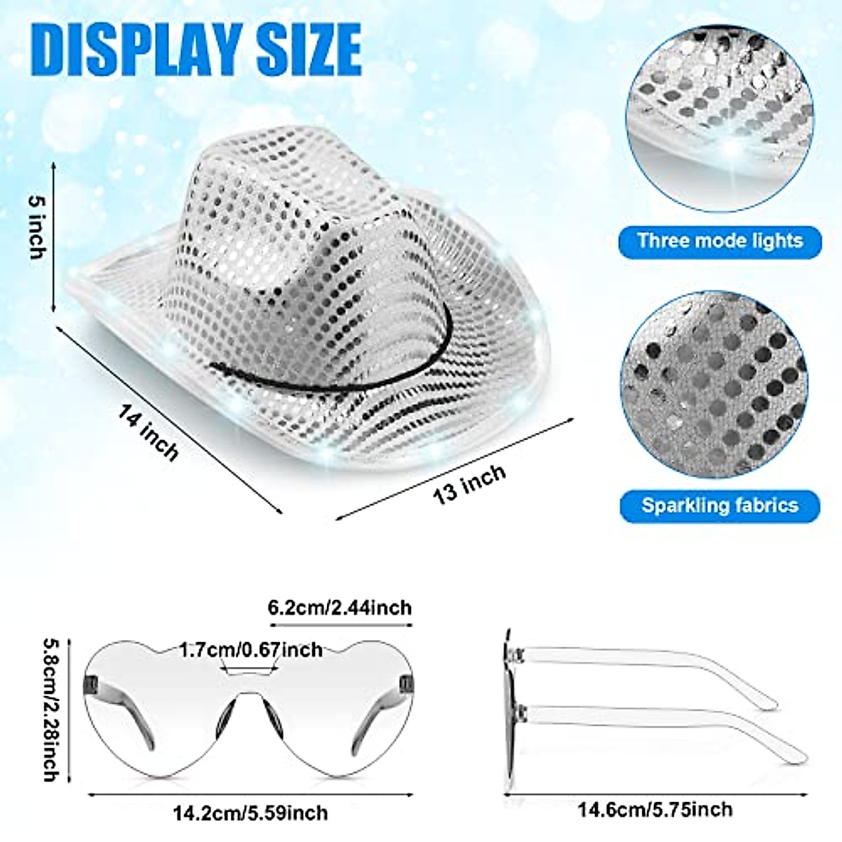Zhanmai 6 Set LED Cowboy Hat Light Up Glitter Cowboy Hat with Sunglasses Sequin Space Cowgirl Hat for Women Men Costume Accessories (Gray)