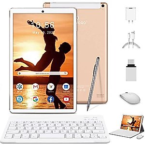 AOYODKG Tablet 2023 Newest 2 in 1 Tablet 10 Inch Android Tablet 4G Cellular with 2 Sim Card Slot, 4GB+64GB Storage, Quad-Core, 1920 * 1200 HD Display/WiFi Tablet with Keyboard Mouse Stylus-Gold