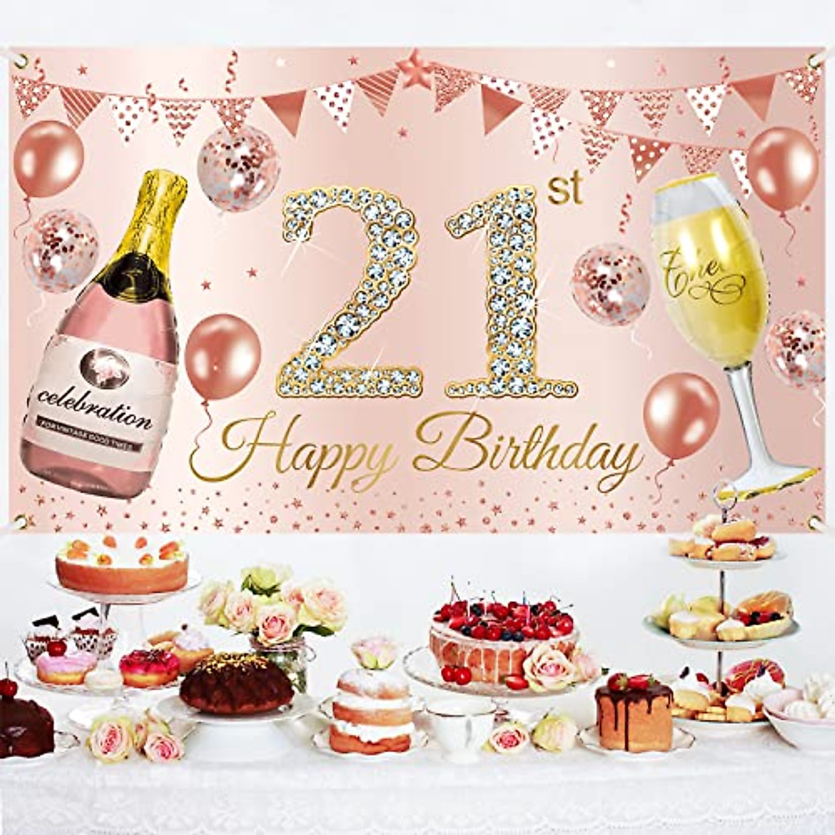 Happy 21st Birthday Banner Backdrop Decorations for Her, Pink Rose Gold 21st Birthday Background Party Supplies for Girls Women, 21 Year Old Birthday Photo Booth Poster Sign Decor(72.8 x 43.3 Inch)