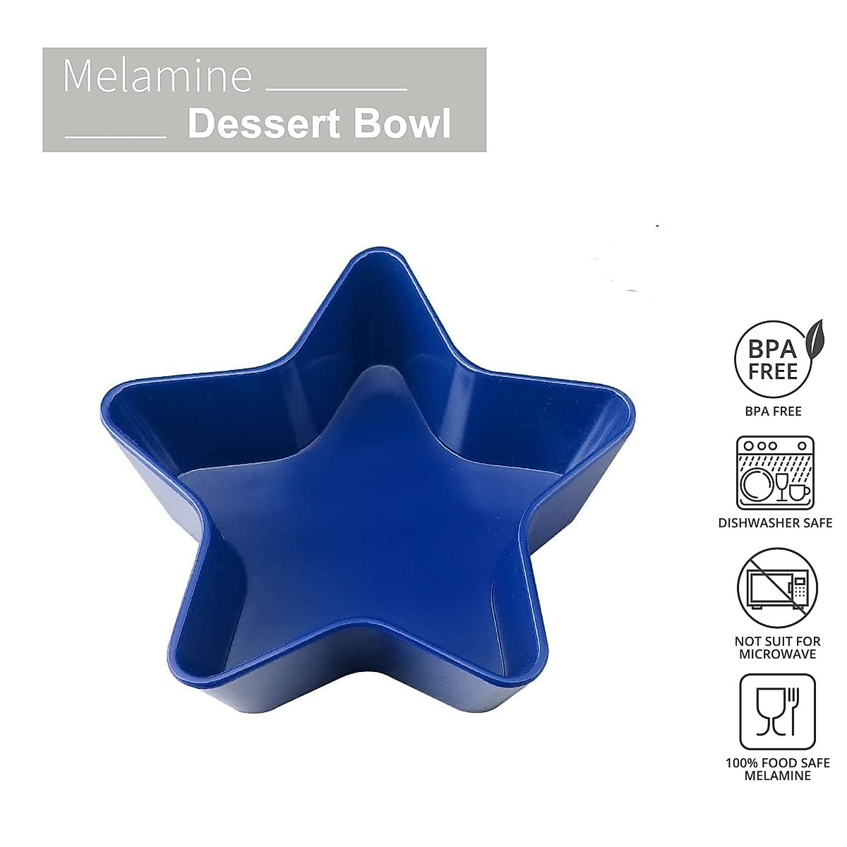 Supreme Housewares 4-Piece Patriotic Star Shaped Bowl Melamine Small Serving Bowl for Dessert, Snack, Ice Cream, Nuts or fruit, 5.5 Inch Dessert Bowl Set (Blue)